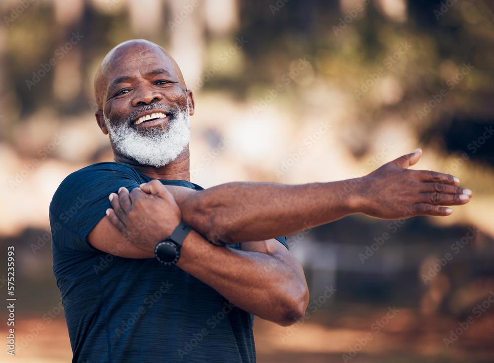 Black man, portrait and stretching for exercise outdoor in nature ...