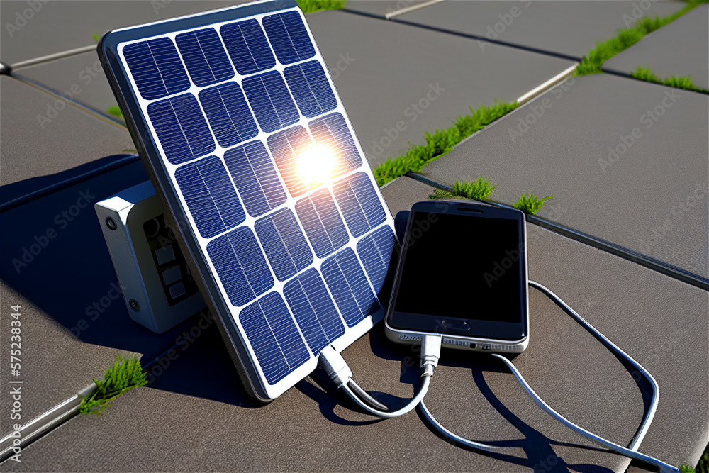 Smartphone loading with solar panel and green energy against climate ...