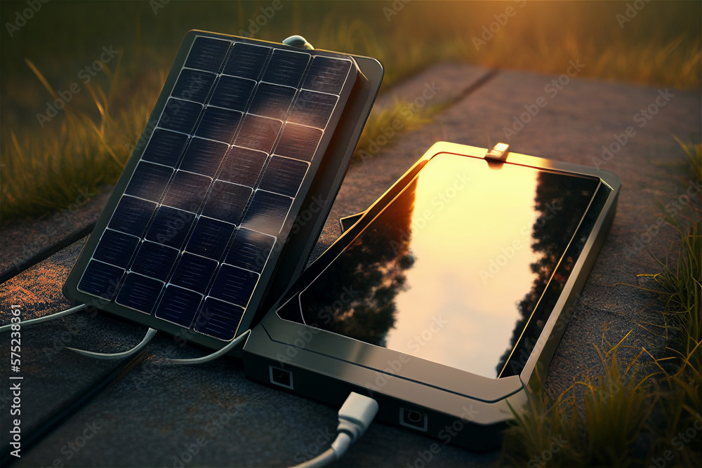 Smartphone loading with solar panel and green energy against climate ...