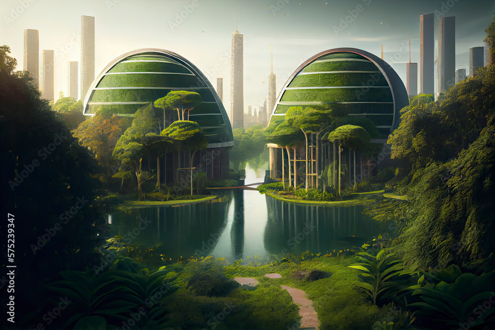 Futuristic city concept of ESG green buildings and offices filled with ...