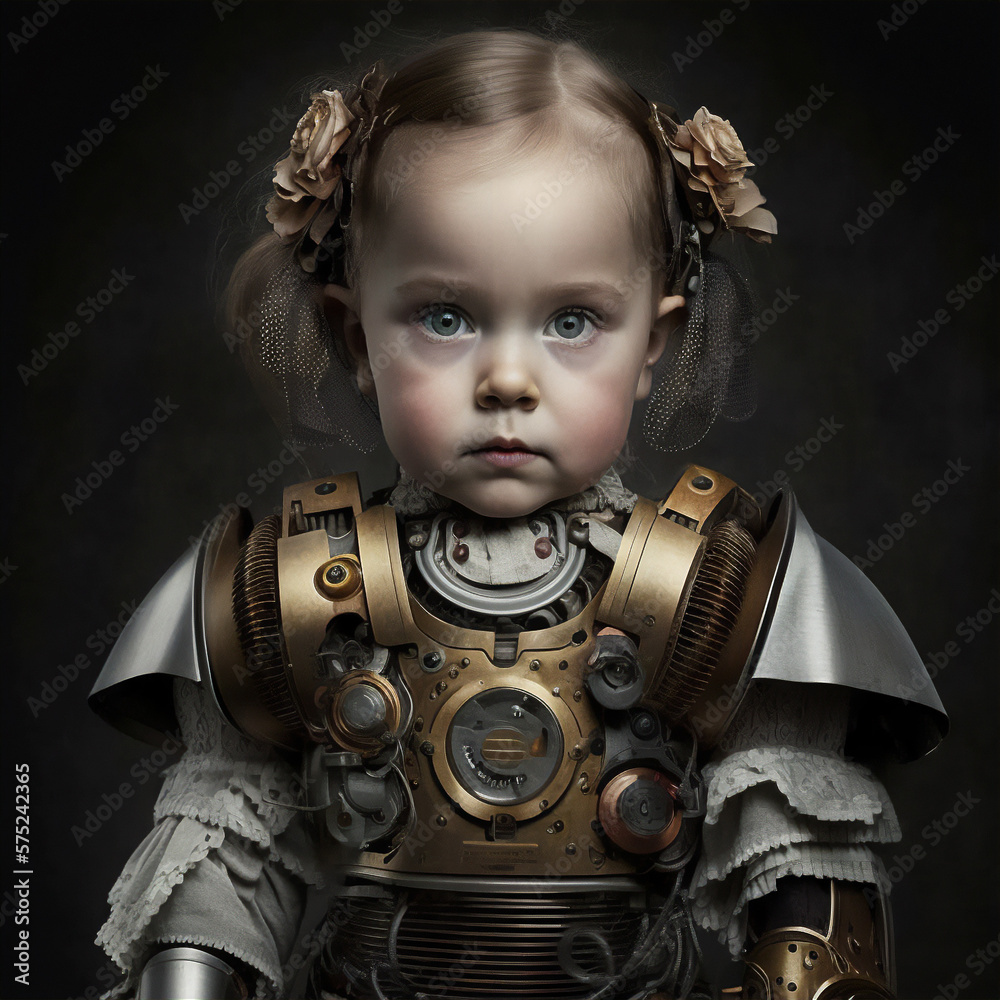 A baby as half-robot or a humanoid android with artificial intelligence ...