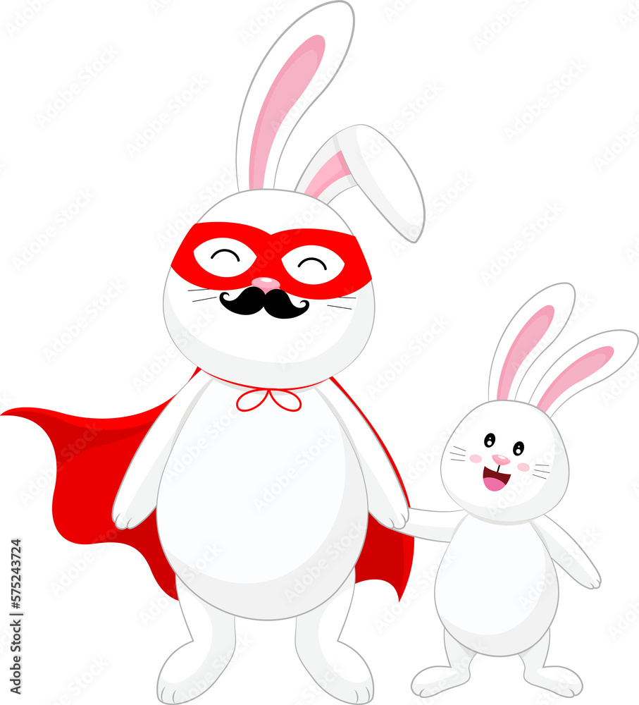 Super dad rabbit and child. Happy father's day. Dad is my hero concept ...