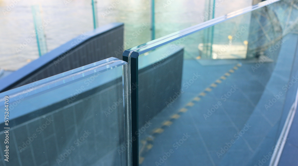 Frameless laminated glass railing for outdoor installation. Stock Photo ...