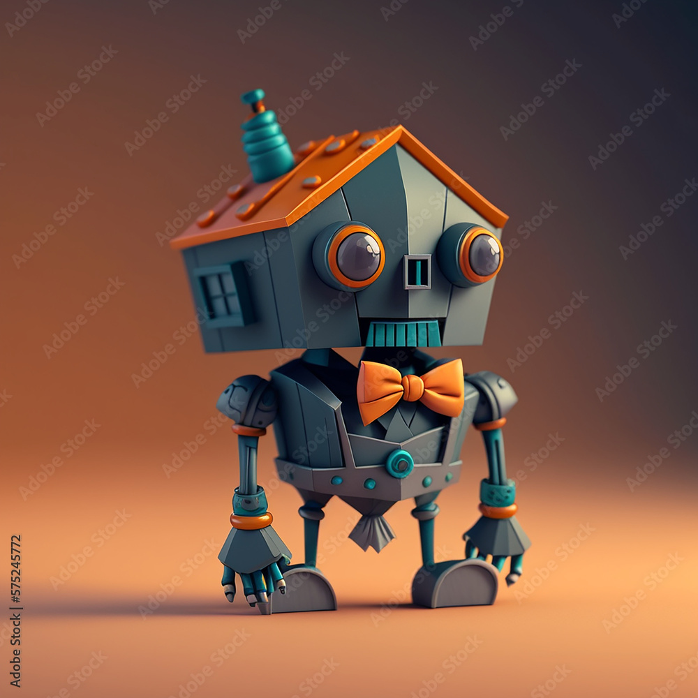 cartoon octane render picture of a robot with a house for a head ...