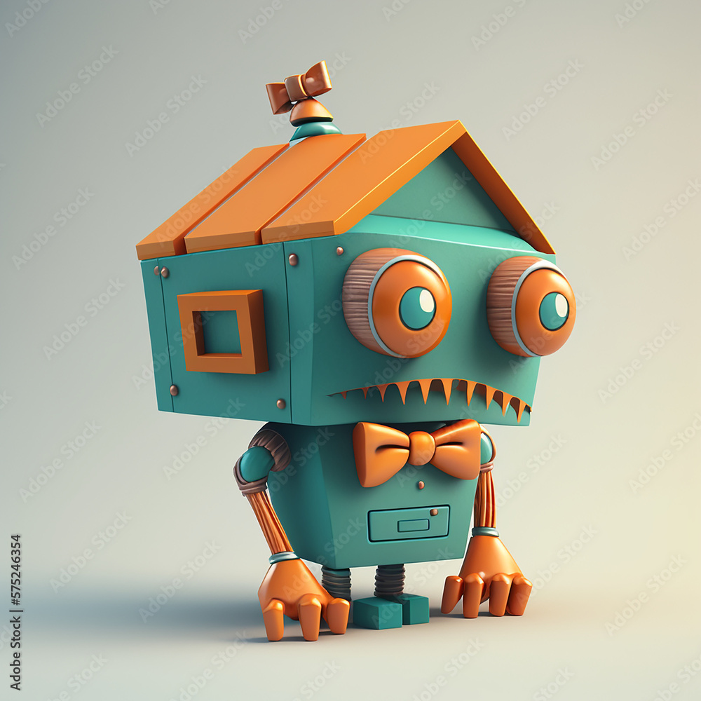 cartoon octane render picture of a robot with a house for a head ...