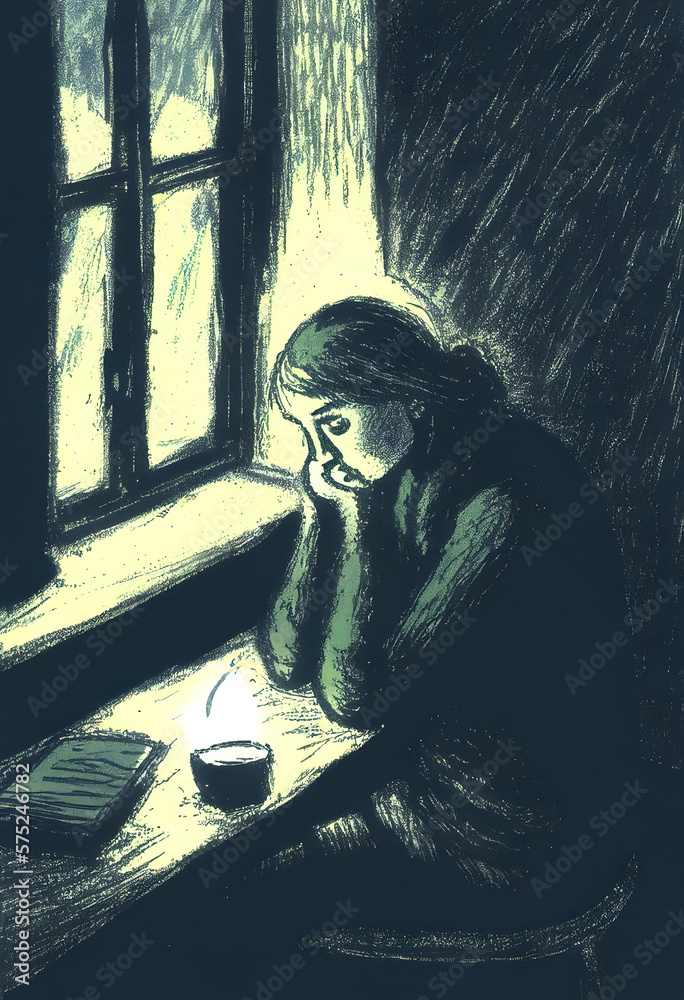 Sad depression illustration. depicts a person sitting in a dimly lit room looking downcast and ...