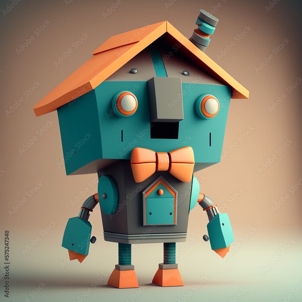 cartoon octane render picture of a robot with a house for a head ...