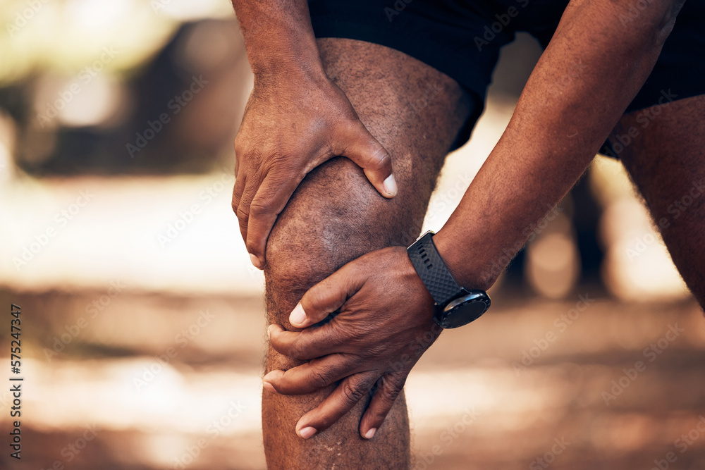 Knee pain, senior hands and injury in nature after accident, workout or ...