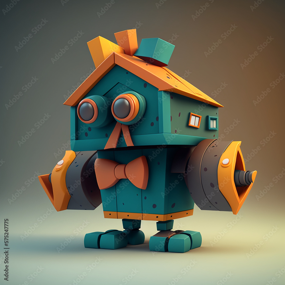 cartoon octane render picture of a robot with a house for a head ...