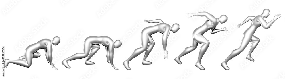 3d run silver stickman figure. Body postures from start to run. Stock ...