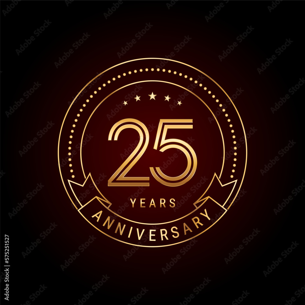 25th year anniversary celebration. Anniversary logo design with golden ...