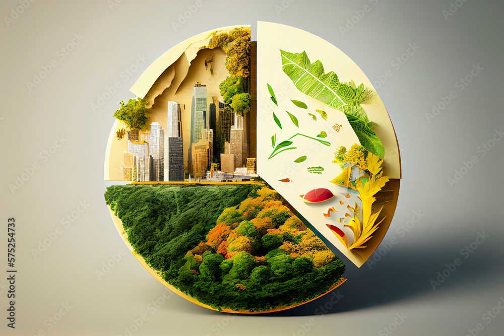 Pie chart with city and lush greenery environmental sustainability ...