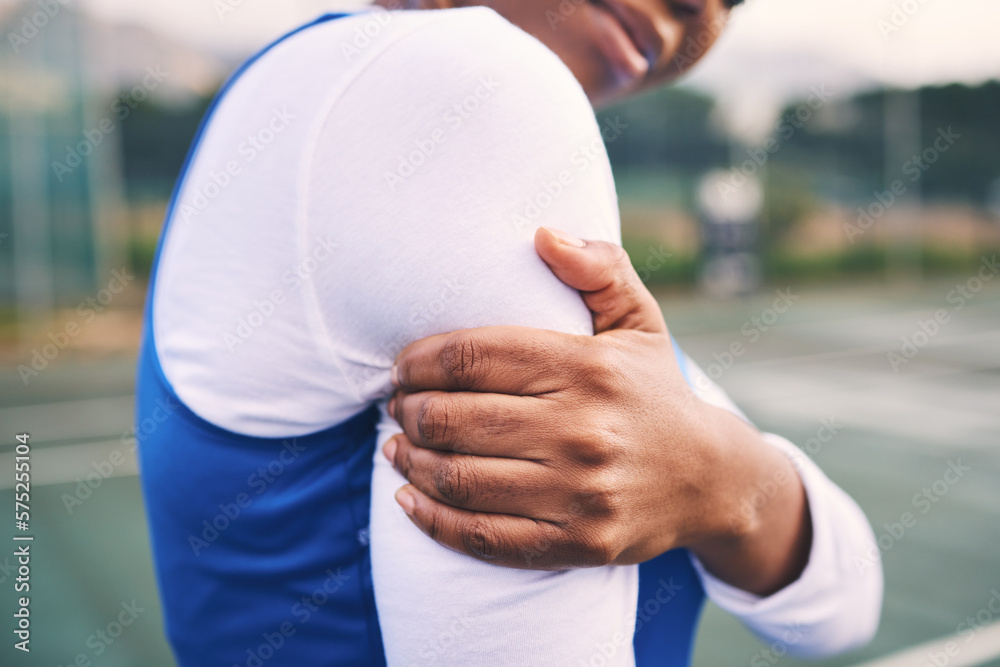 Arm injury, sport pain and netball athlete on a outdoor sports court ...