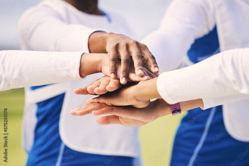 Sports, people and collaboration by team hands in support of motivation ...