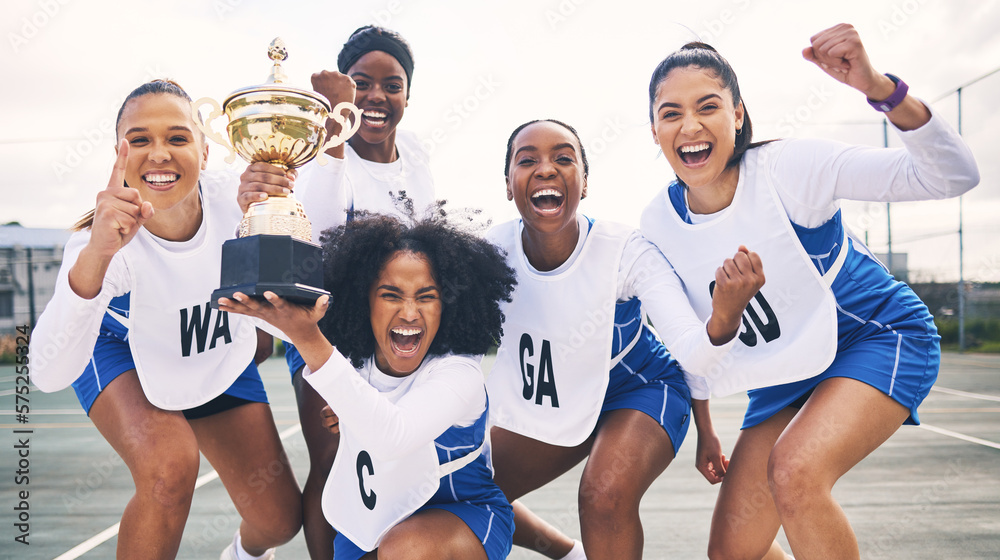 Winner, netball and portrait of women with trophy for winning ...