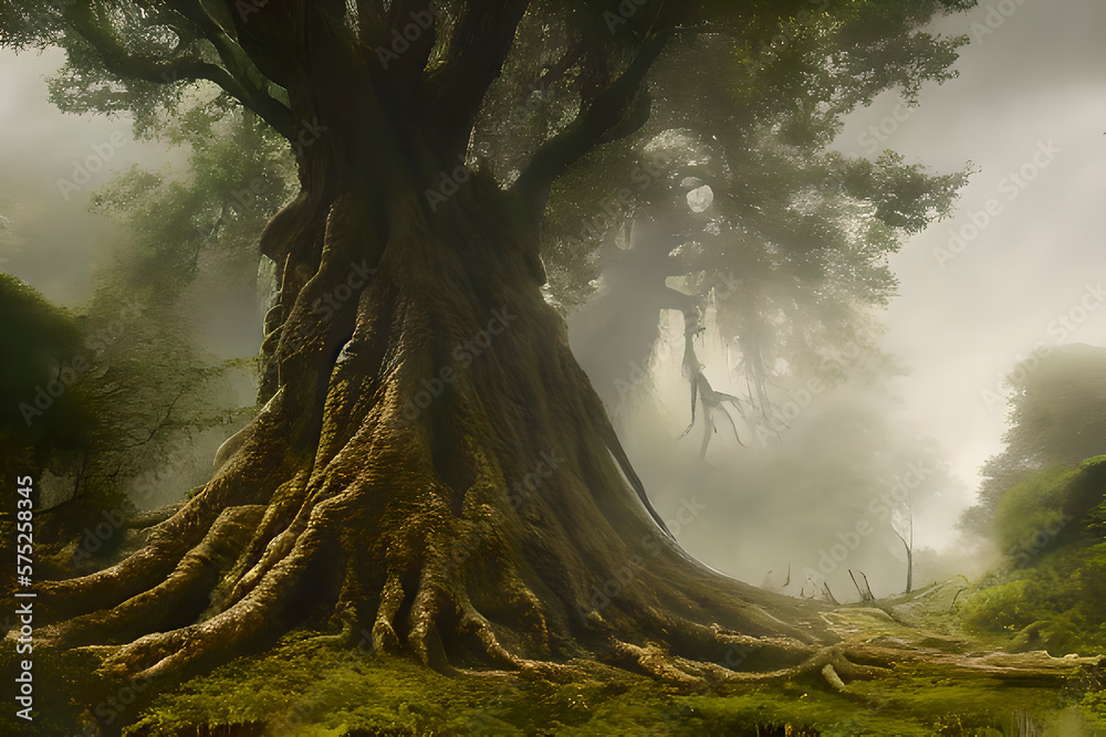 ภาพประกอบสต็อก High towering mysterious prehistoric giant tree,fantasy ...