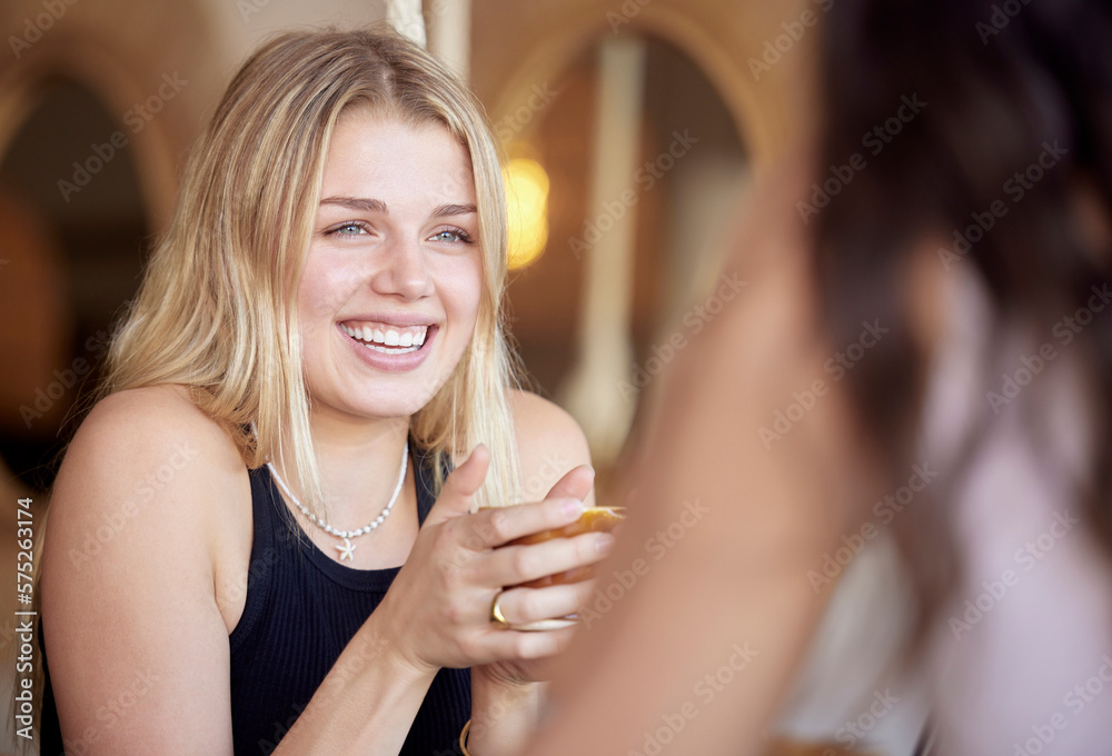 Woman, smile and talking with friends in cafe, laughing or having fun ...