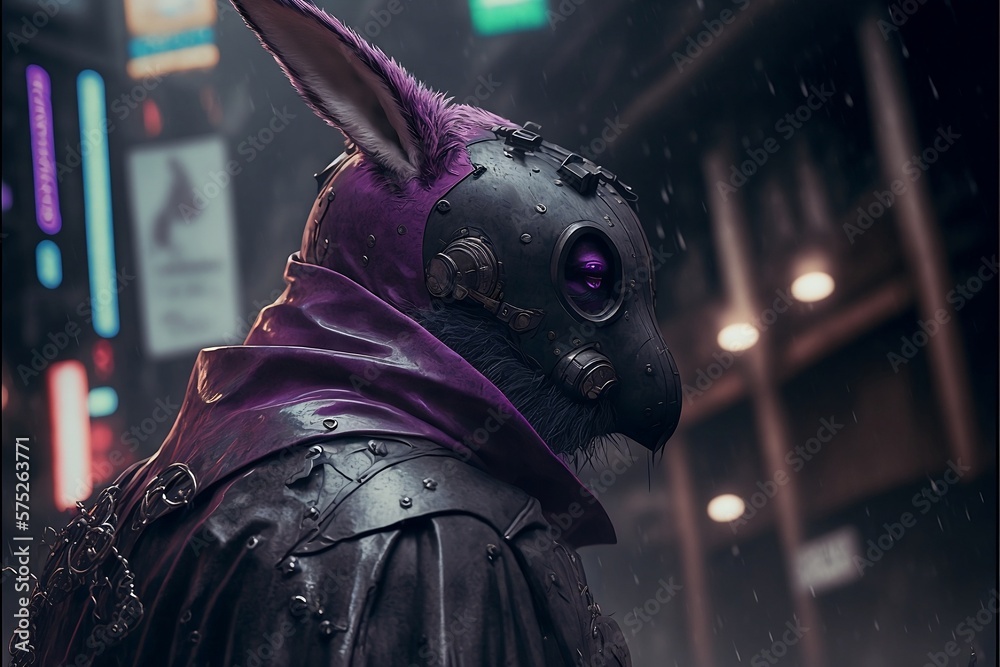 Human like rabbit in Cyberpunk city with mask. futuristic Illustration ...