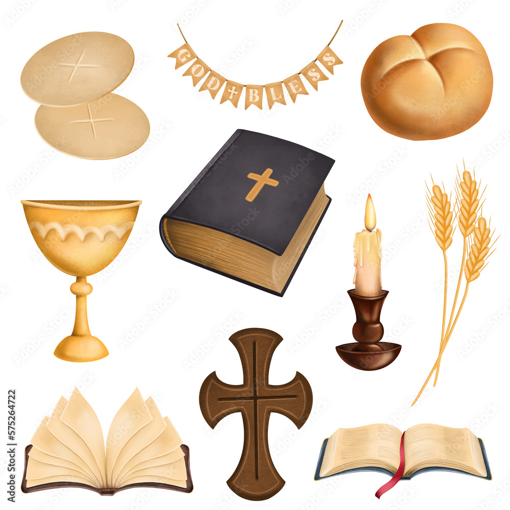 Religious clipart, illustration of a Bible, cross, bowl, candle and ...