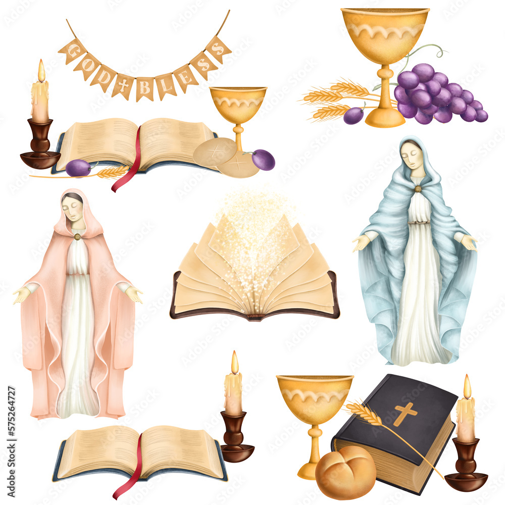 Religious clipart, illustration of a Bible, Virgin Mary, candle and ...