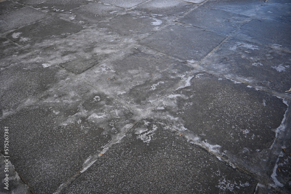 asphalt soviet square concrete tile, asphalt tile covered with thin ice ...