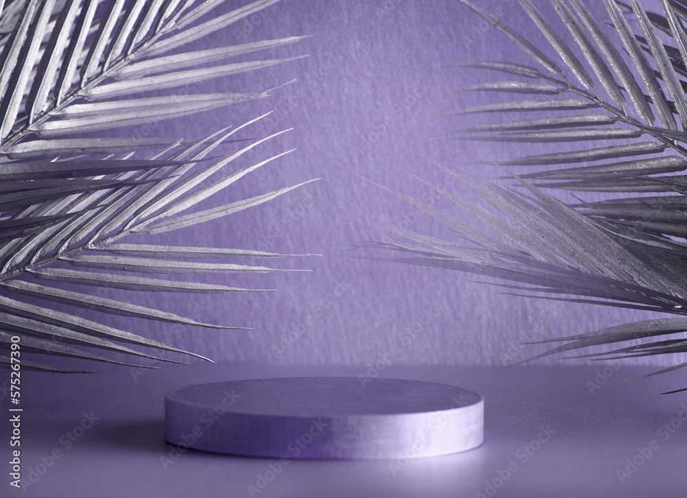 Purple product display with podium scene and silver palm leaves. Show ...