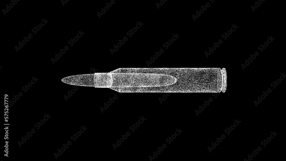 3D machine gun bullet on black bg. Object dissolved white flickering ...