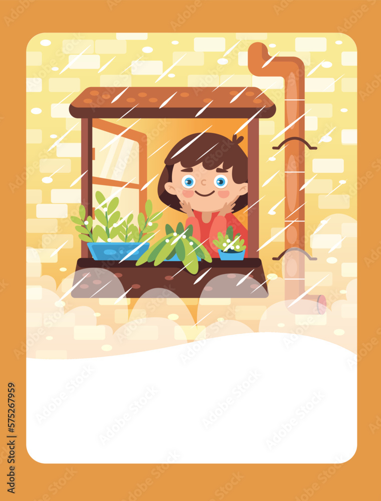 Vector illustration of a girl looking out of the window at the rain. It ...