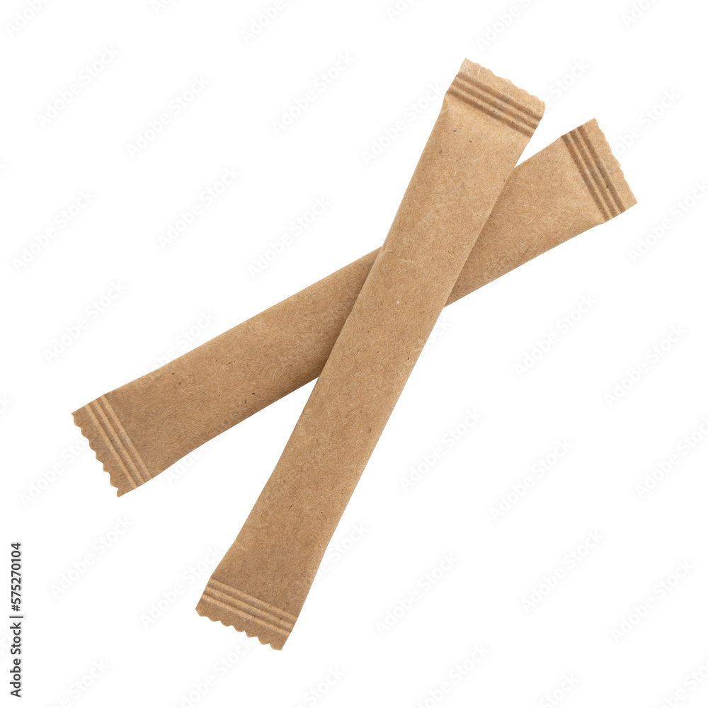 two sugar stick, sugar in paper kraft packaging, mock up for design ...