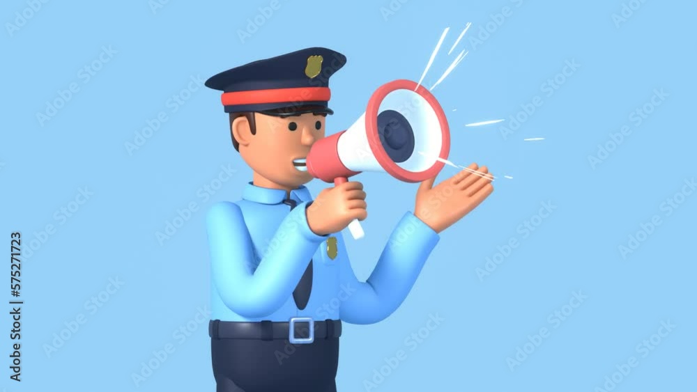 Cartoon style 3d animation of police officer speaking with megaphone ...