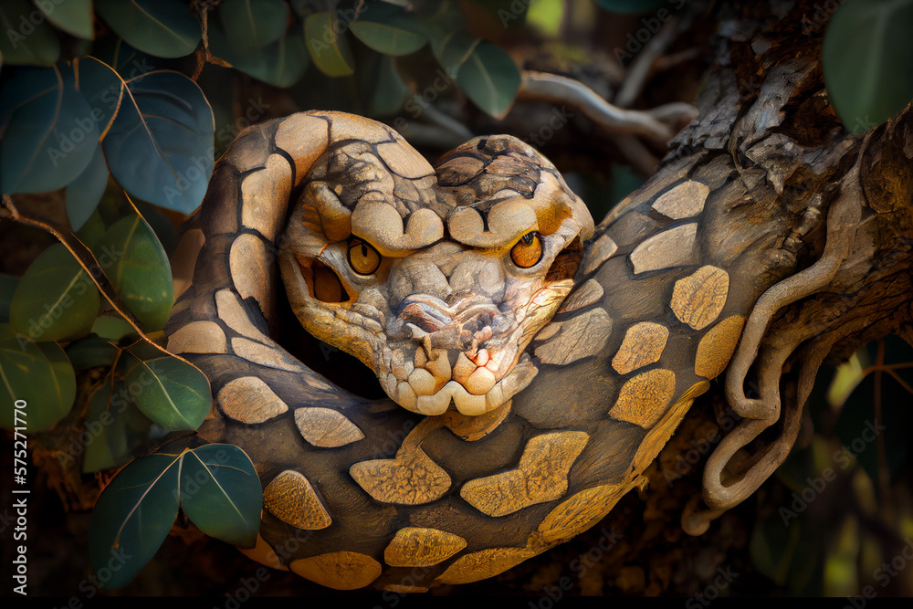 Giant python in the branches of a tree. AI generated. Stock ...