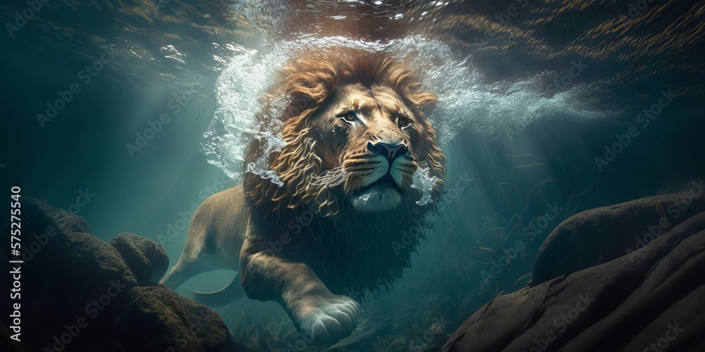 The lion dived underwater and swam, AI generation. Stock Illustration ...