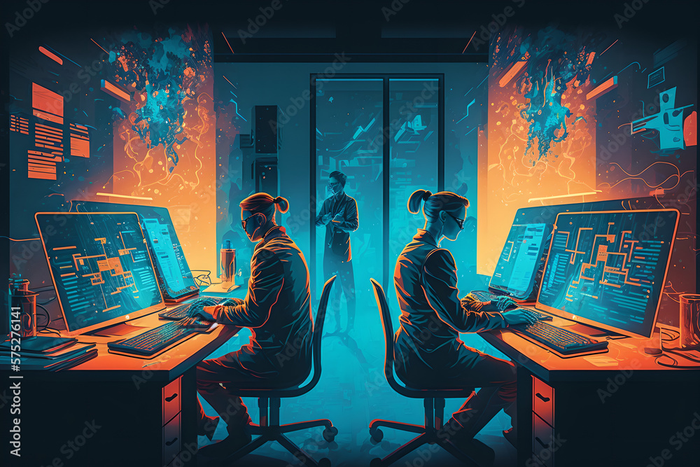 wide view angle of an workplace or office in the future, futuristic ...