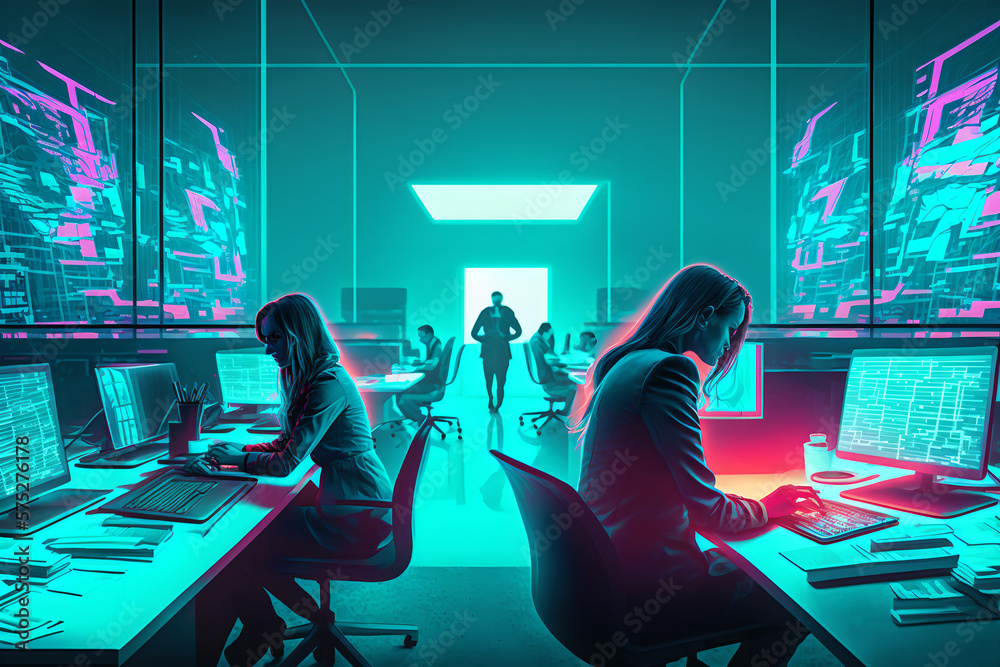 wide view angle of an workplace or office in the future, futuristic ...