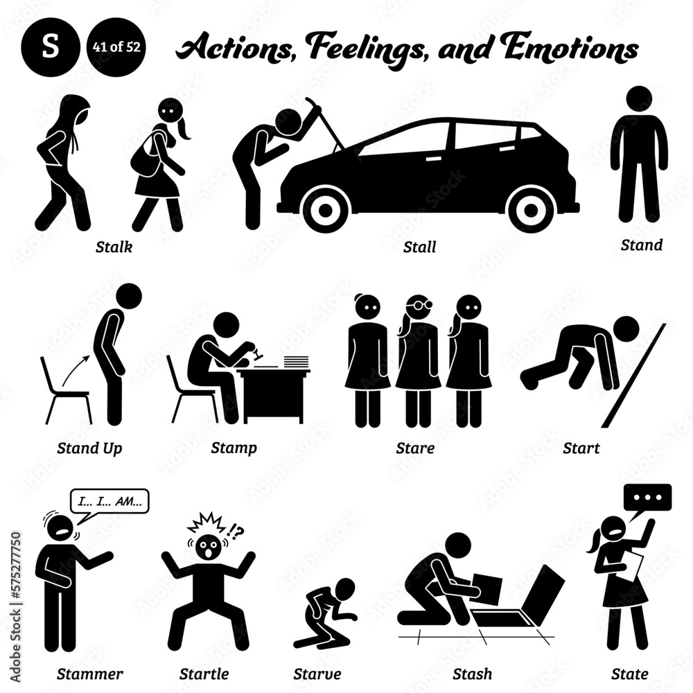 Stick figure human people man action, feelings, and emotions icons ...