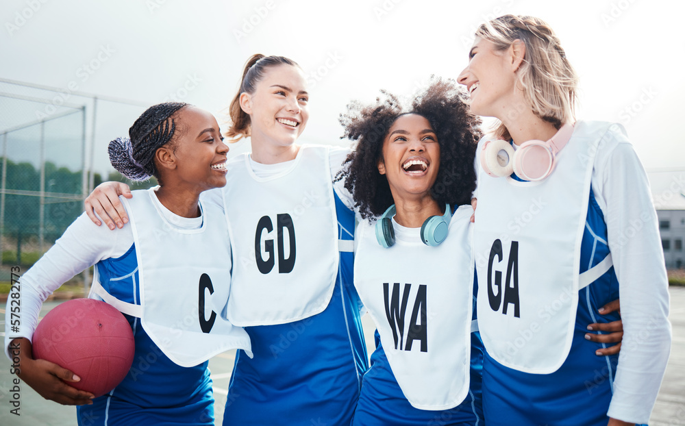 Netball, team and friends laugh, women on outdoor court together and ...