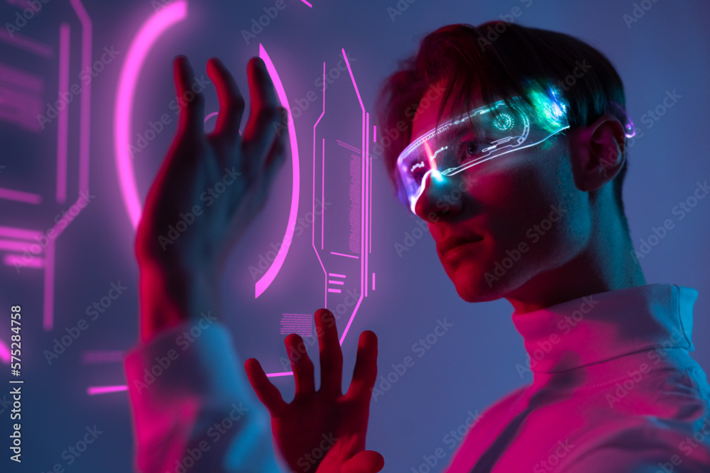 human use hi-tech with holographic graphs and visual touch screen the ...