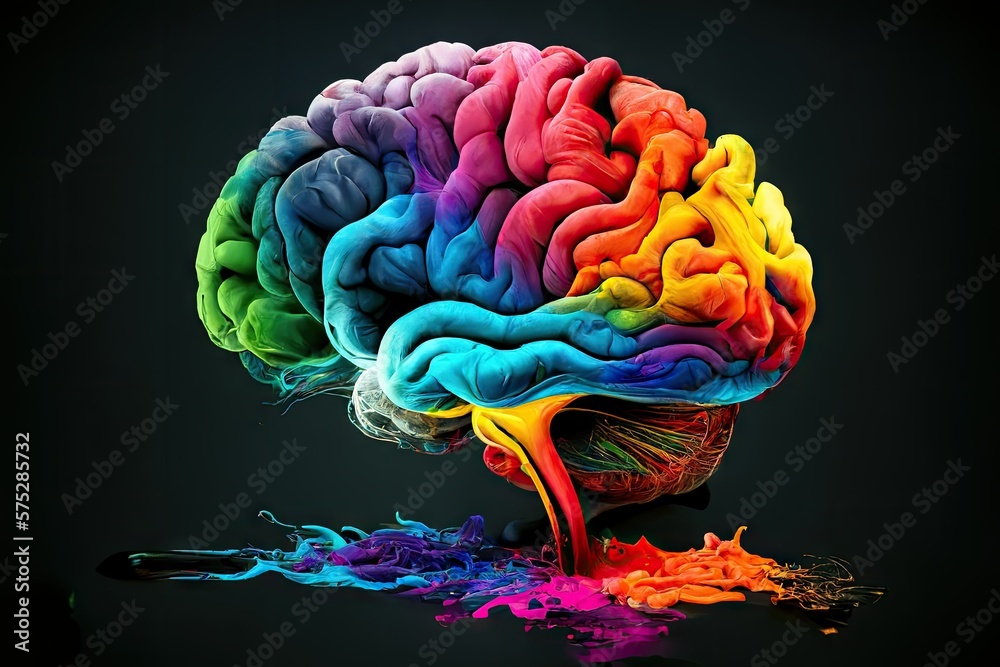 Colorful brain with colorful shadow in black dark background created ...