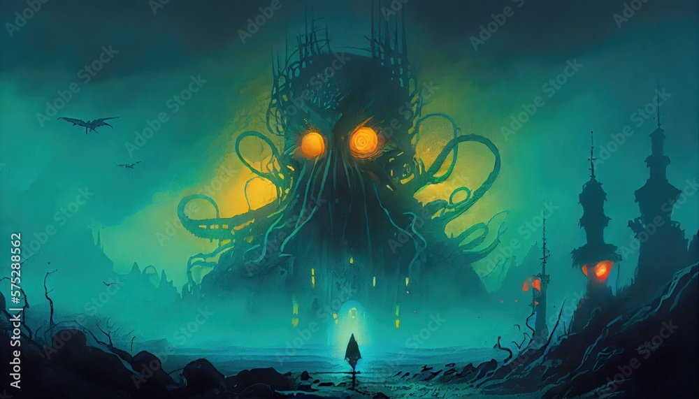 fantasy landscape with Cthulhu in background, apocalyptic scene with ...