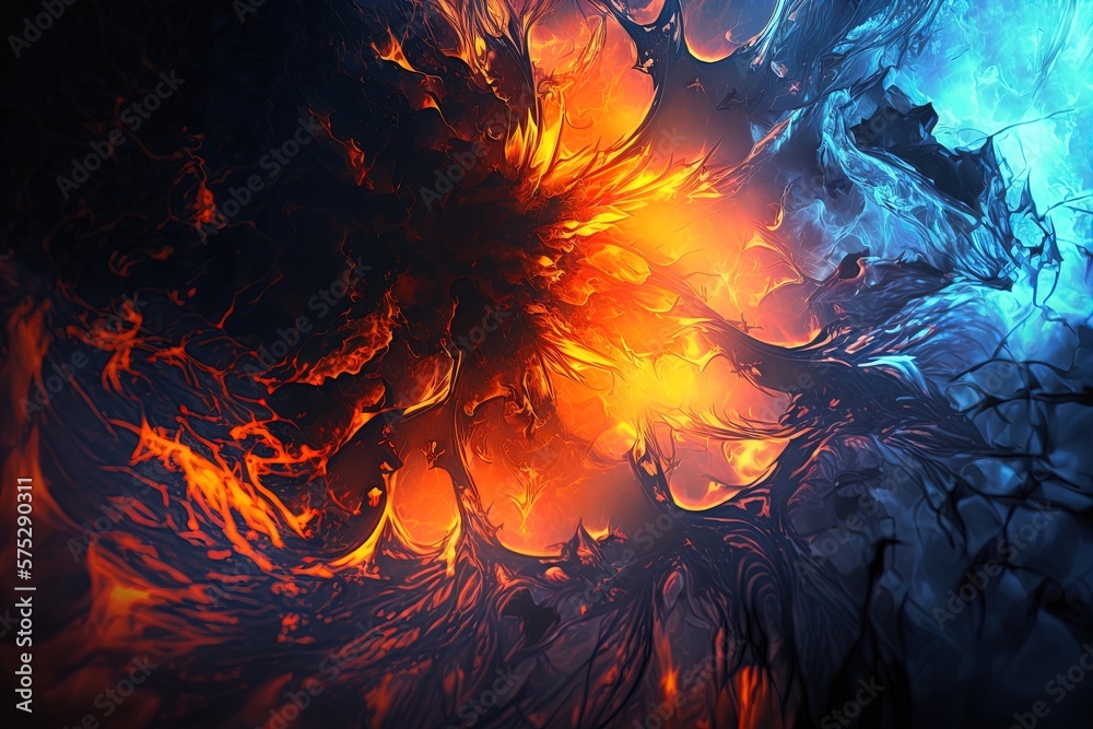 Fiery fire flame swirls and ice collision red blue background. Magic ...