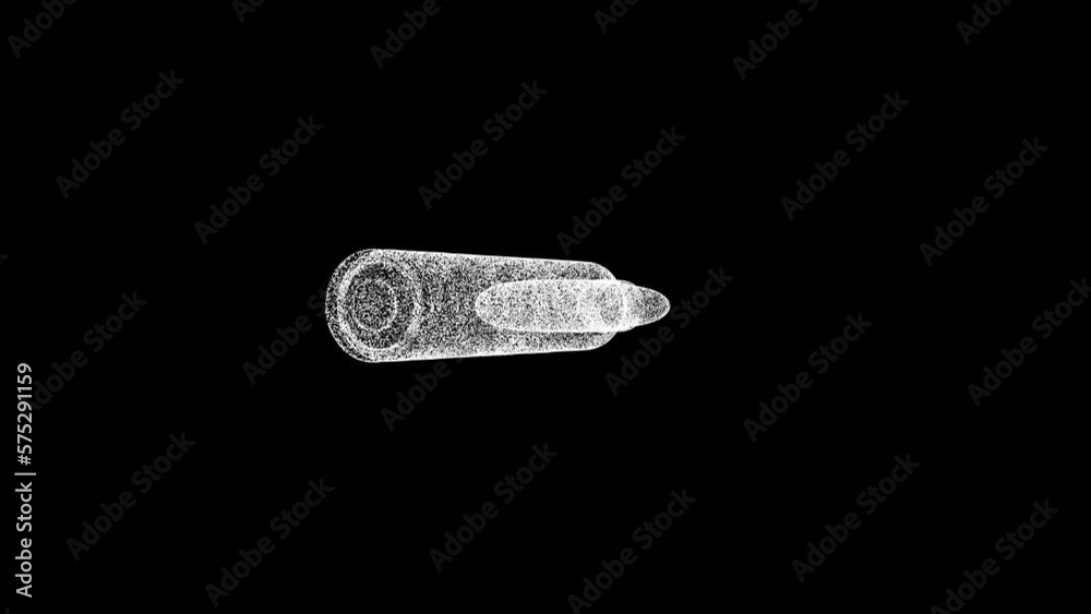 3D machine gun bullet rotates on black bg. Object dissolved white ...