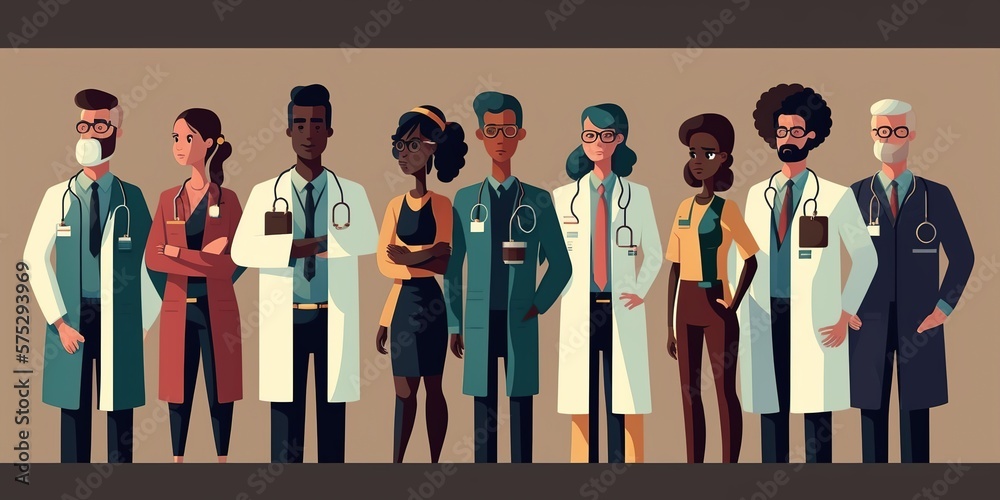 Illustration of a team of doctors of different ethnicity in flat ...