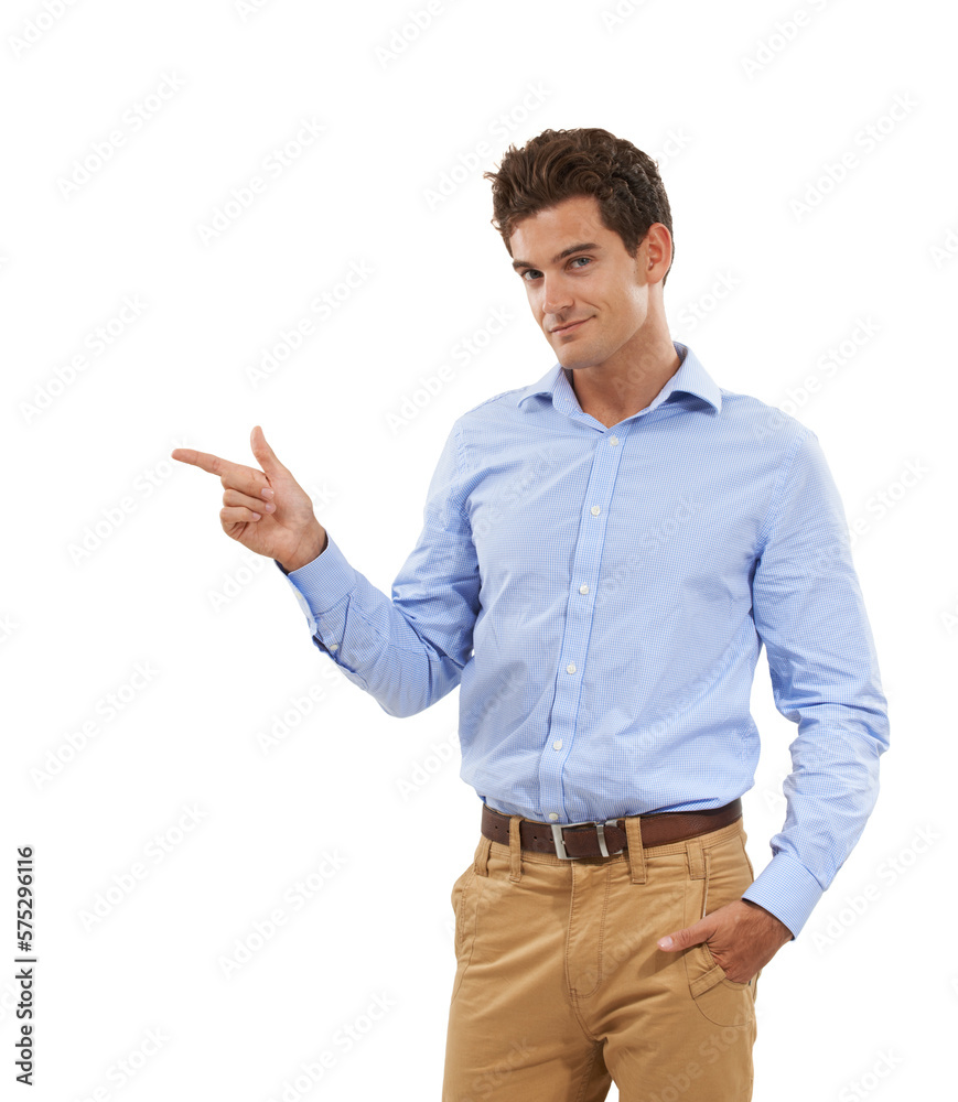 Mockup, space and portrait of man pointing his finger at product ...