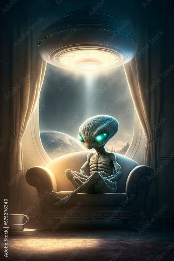 Alien sits on a sofa and chills with a floating UFO AI generated ...