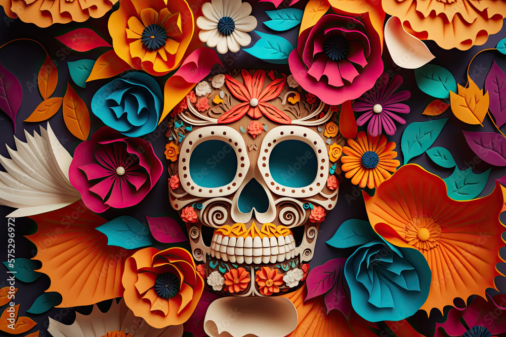 Poster Mexican day of the dead background with paper cut scull and ...