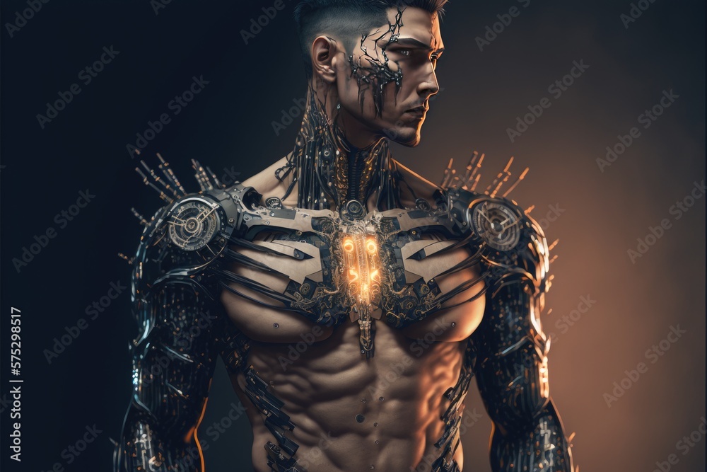 Cyborg of the future. Man with muscular body and robot parts on a white ...
