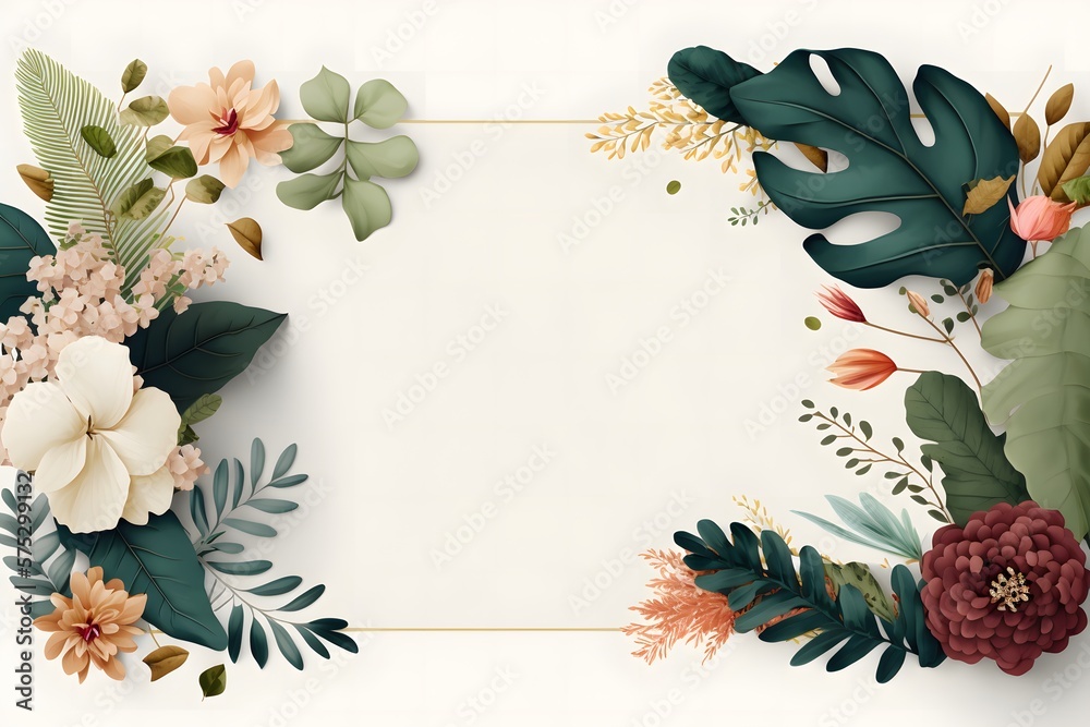Rectangular floral frame with flowers and leaves border and beige / off ...