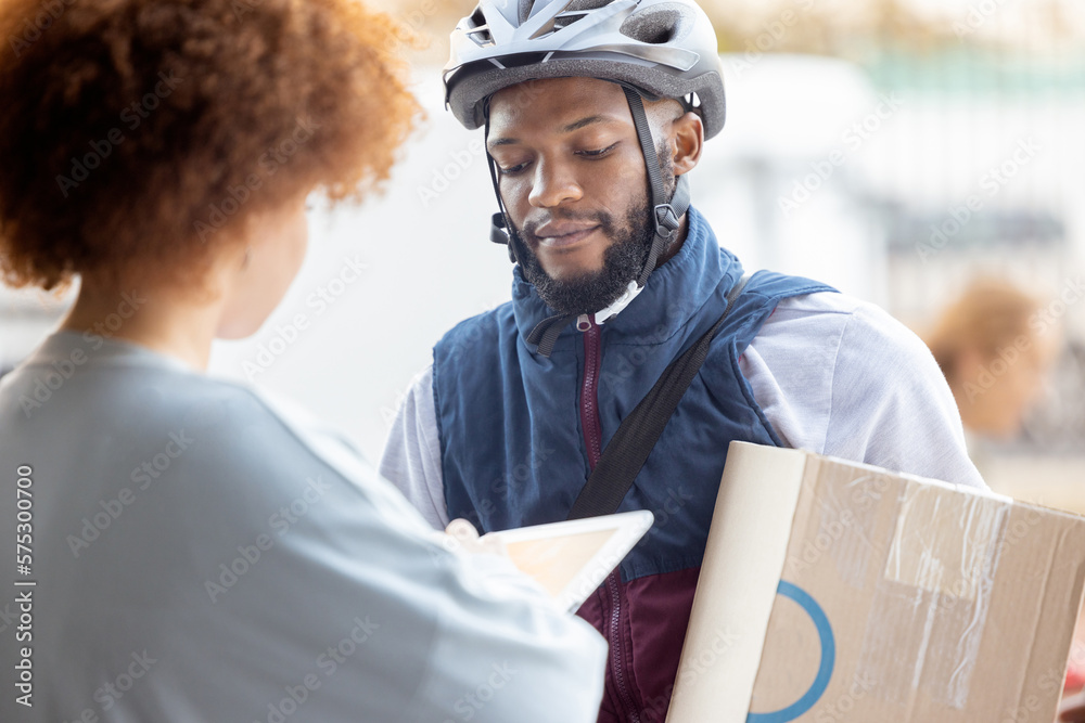 Black man, box and delivery for female customer service, package or ...