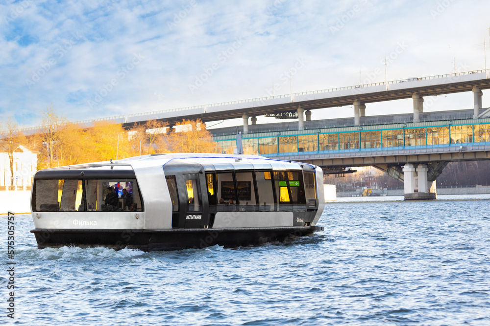 Moscow, Russia - 14 November, 2022: Testing of the electric ship boat ...