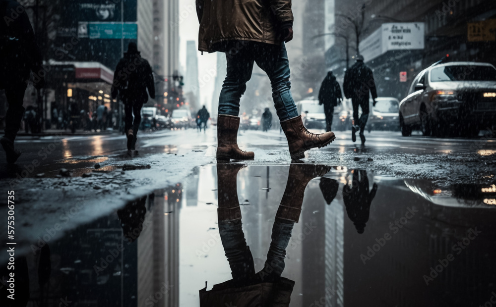 Person standing by a puddle of water on the asphalt on a big city ...